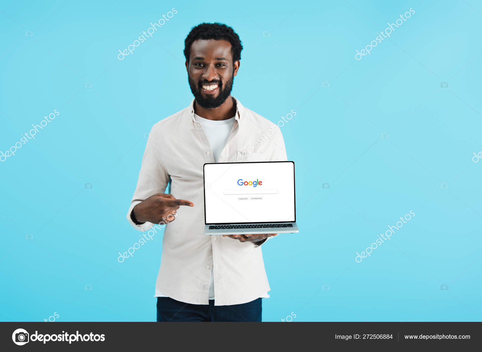 Kyiv Ukraine May 2019 Smiling African American Man Pointing Laptop ...