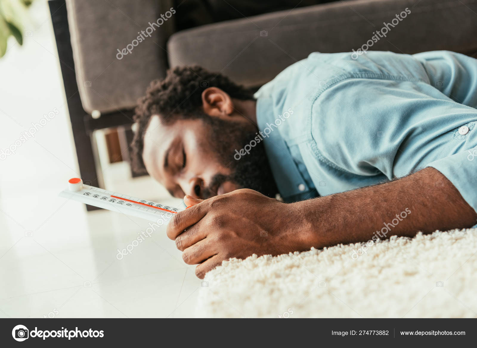 Exhausted African American Man Suffering Summer Heat While Lying Floor ...