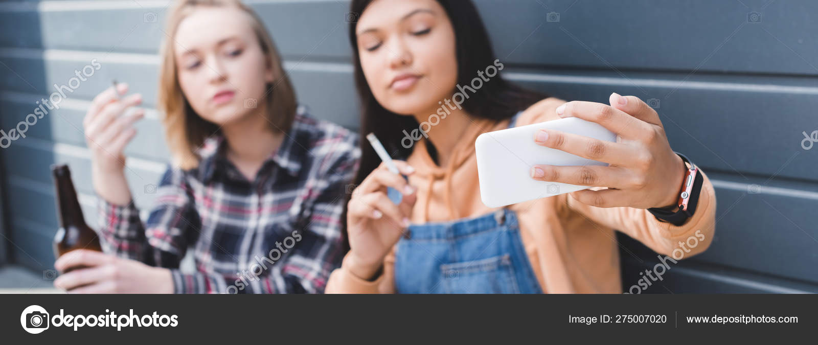 Panoramic Shot Pretty Friends Smoking Cigarettes Taking Selfie — Stock ...