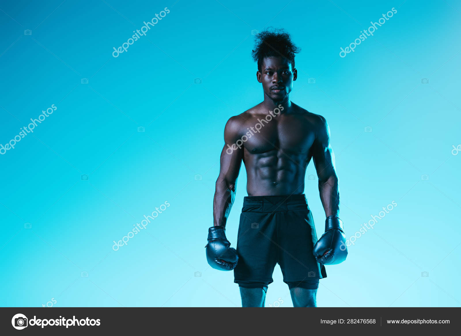 Confident African American Boxer Muscular Torso Looking Camera Blue ...