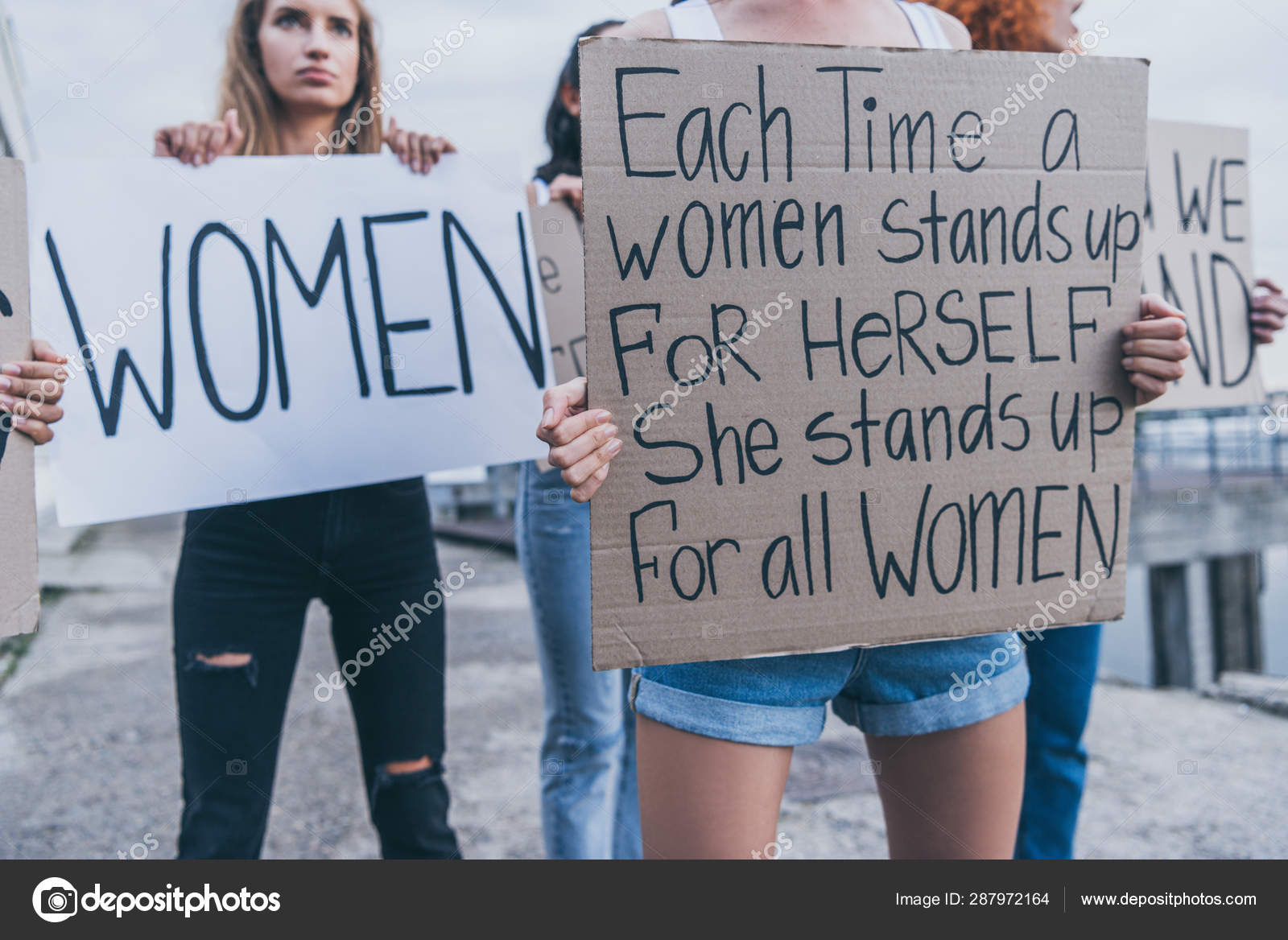Selective Focus Girl Holding Placard Each Time Women Stands Herself ...