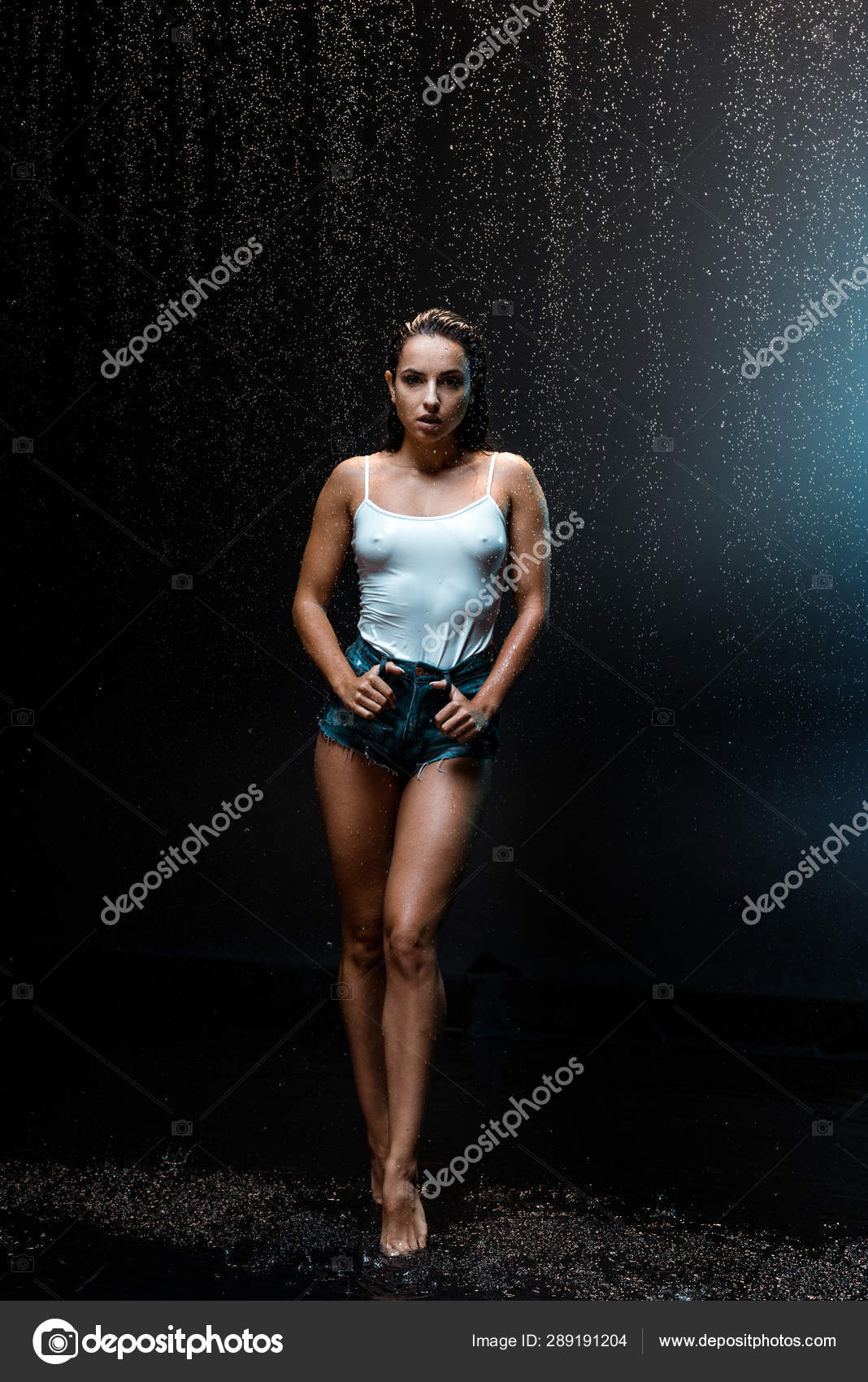 Sexy Young Wet Woman Standing Looking Camera Raindrops Black Stock