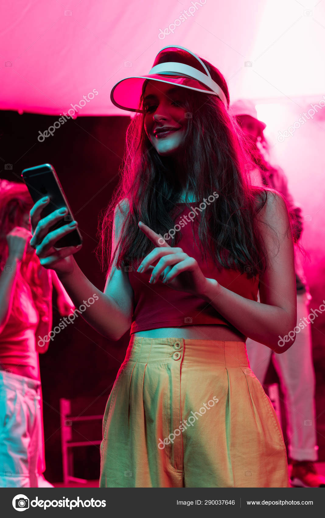 Girl Using Smartphone Pointing Finger Rave Party Nightclub — Stock ...