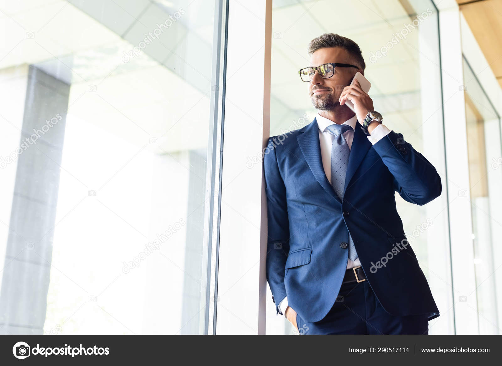 Handsome Businessman Formal Wear Glasses Talking Smartphone — Stock