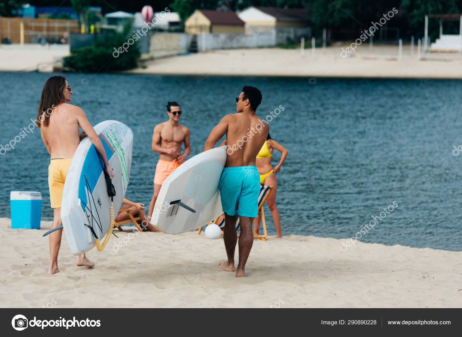 Back View Young Multicultural Men Holding Surfing Boards Beach — Stock ...