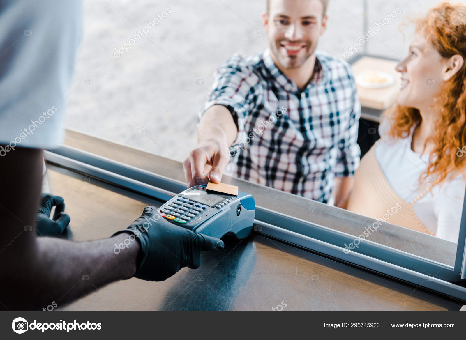 Cropped View African American Man Holding Credit Card Reader Man ...
