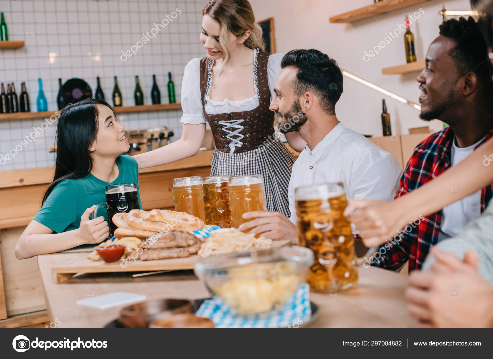 Attractive Waitress Traditional German Costume Serving Beer ...