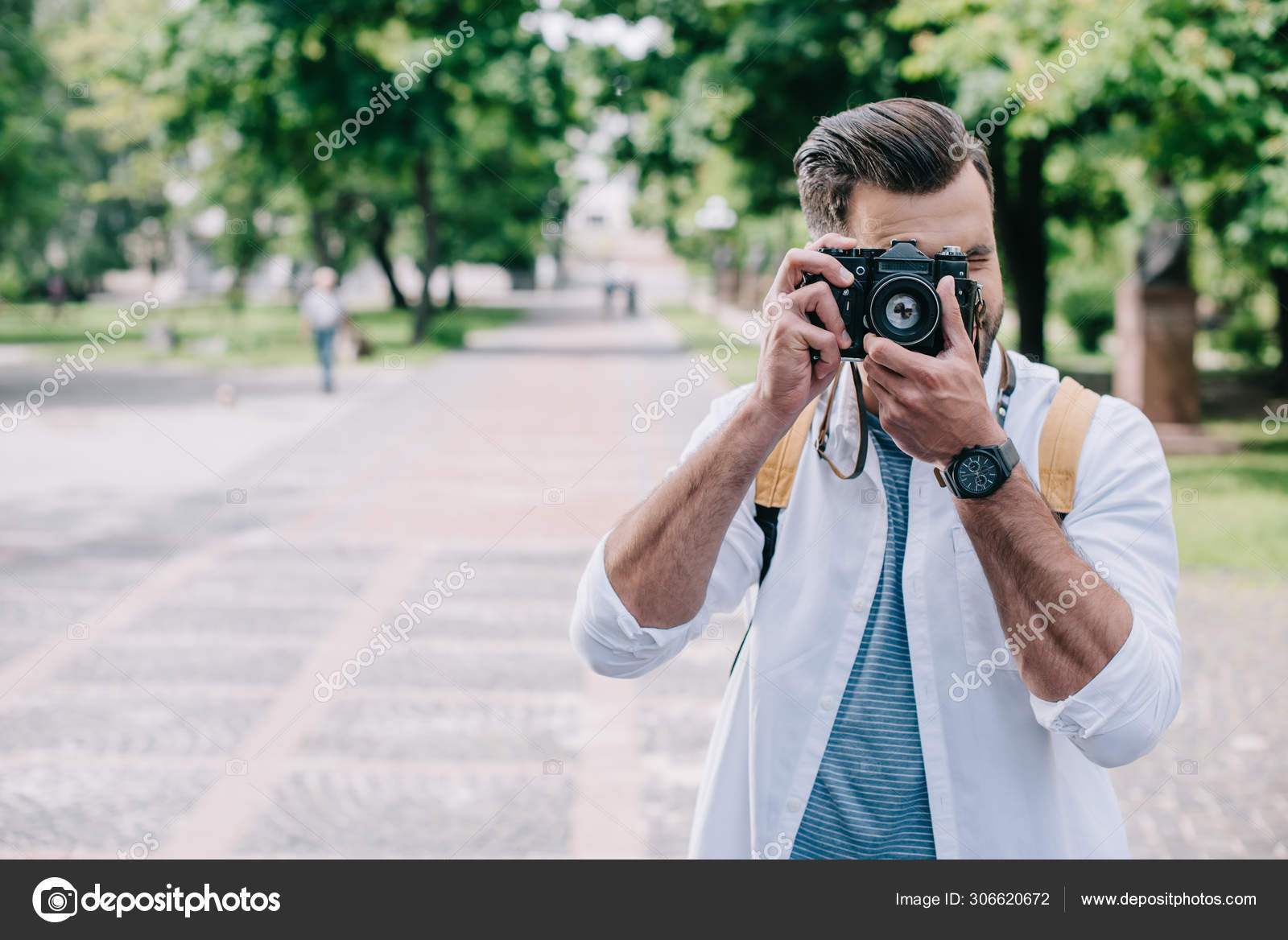 Man Covering Face While Taking Photo Digital Camera — Stock Photo ...