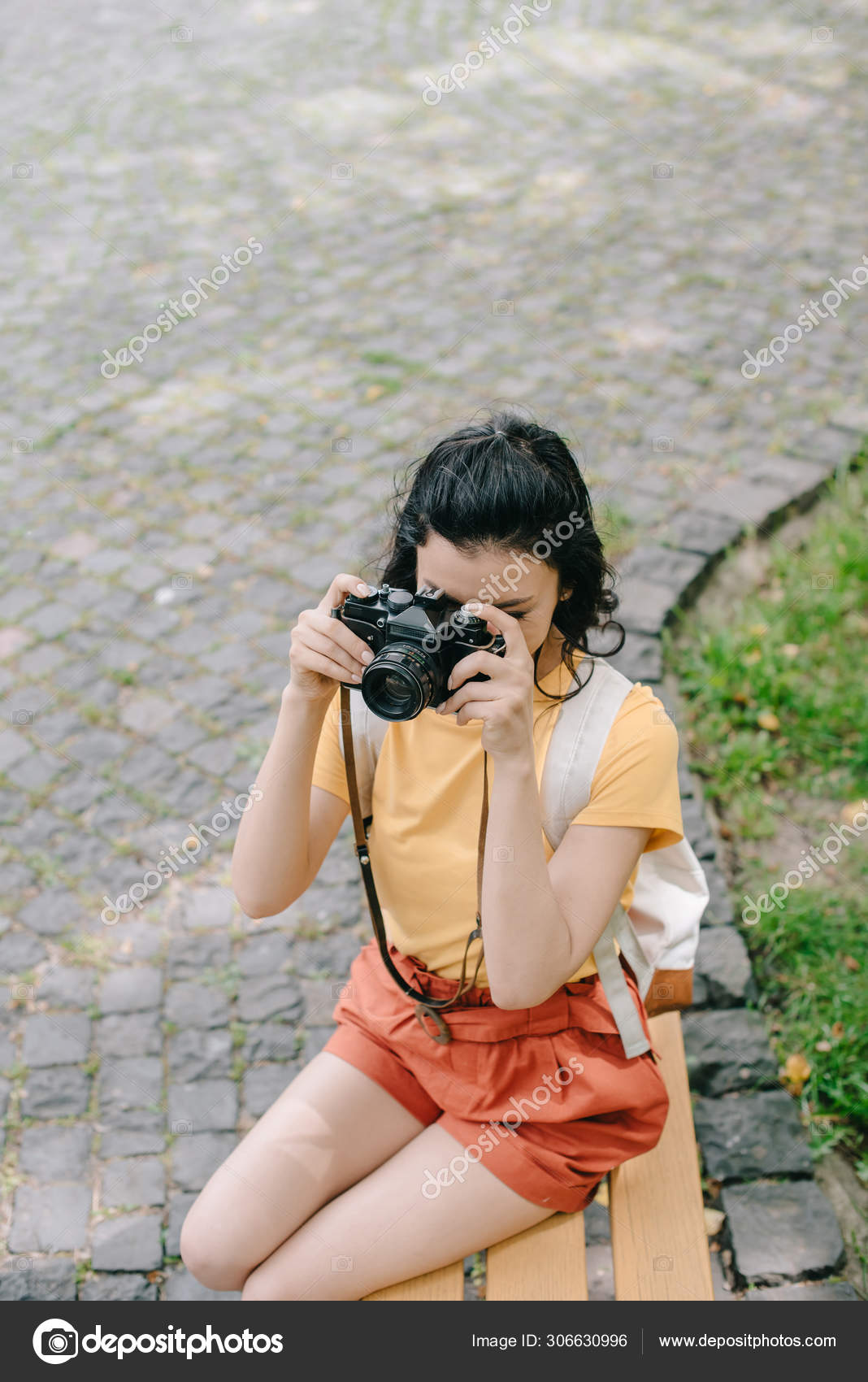 Overhead View Girl Taking Photo Digital Camera Stock Photo by ...
