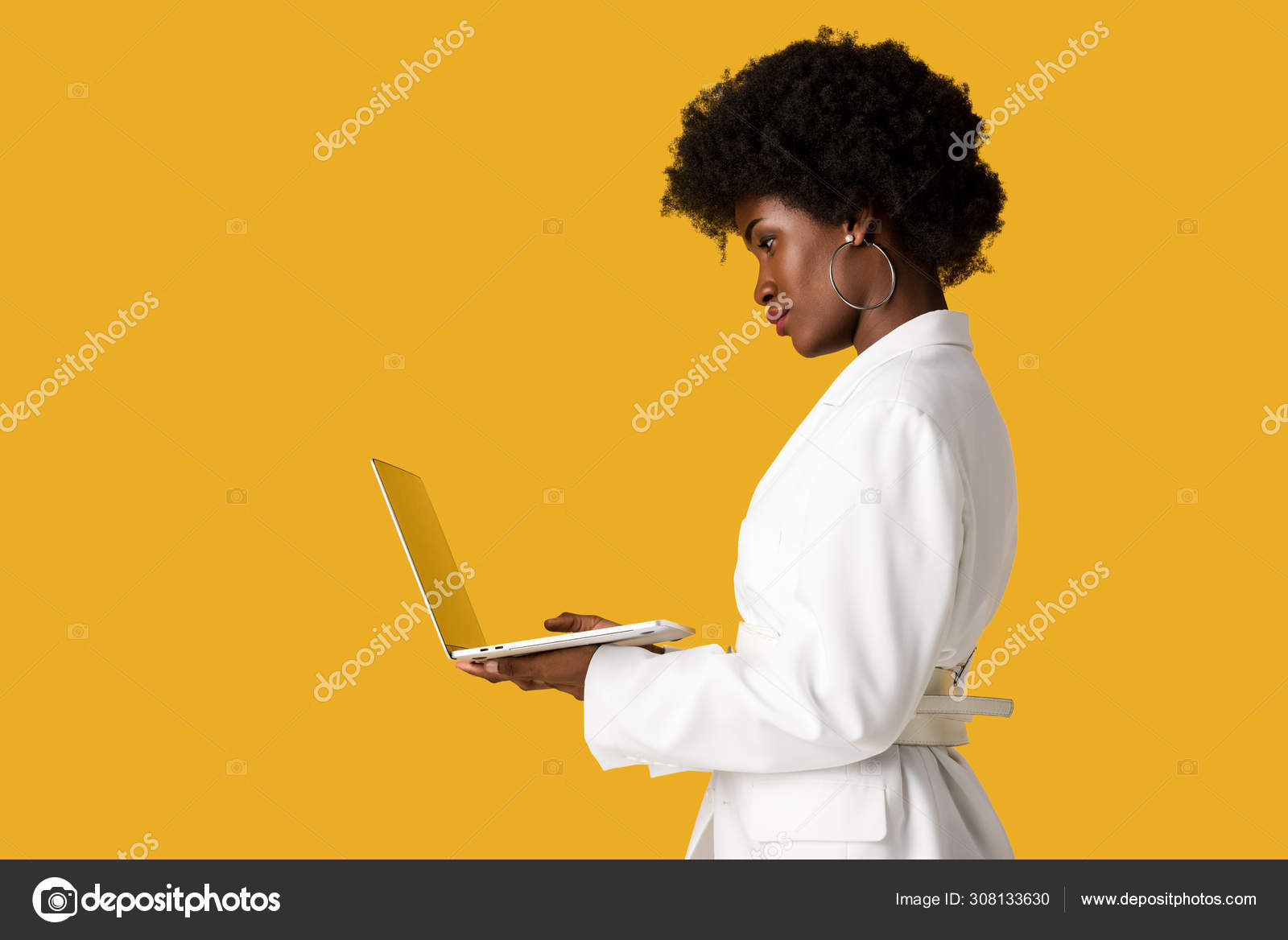 Side View African American Girl Using Laptop Isolated Orange Stock ...