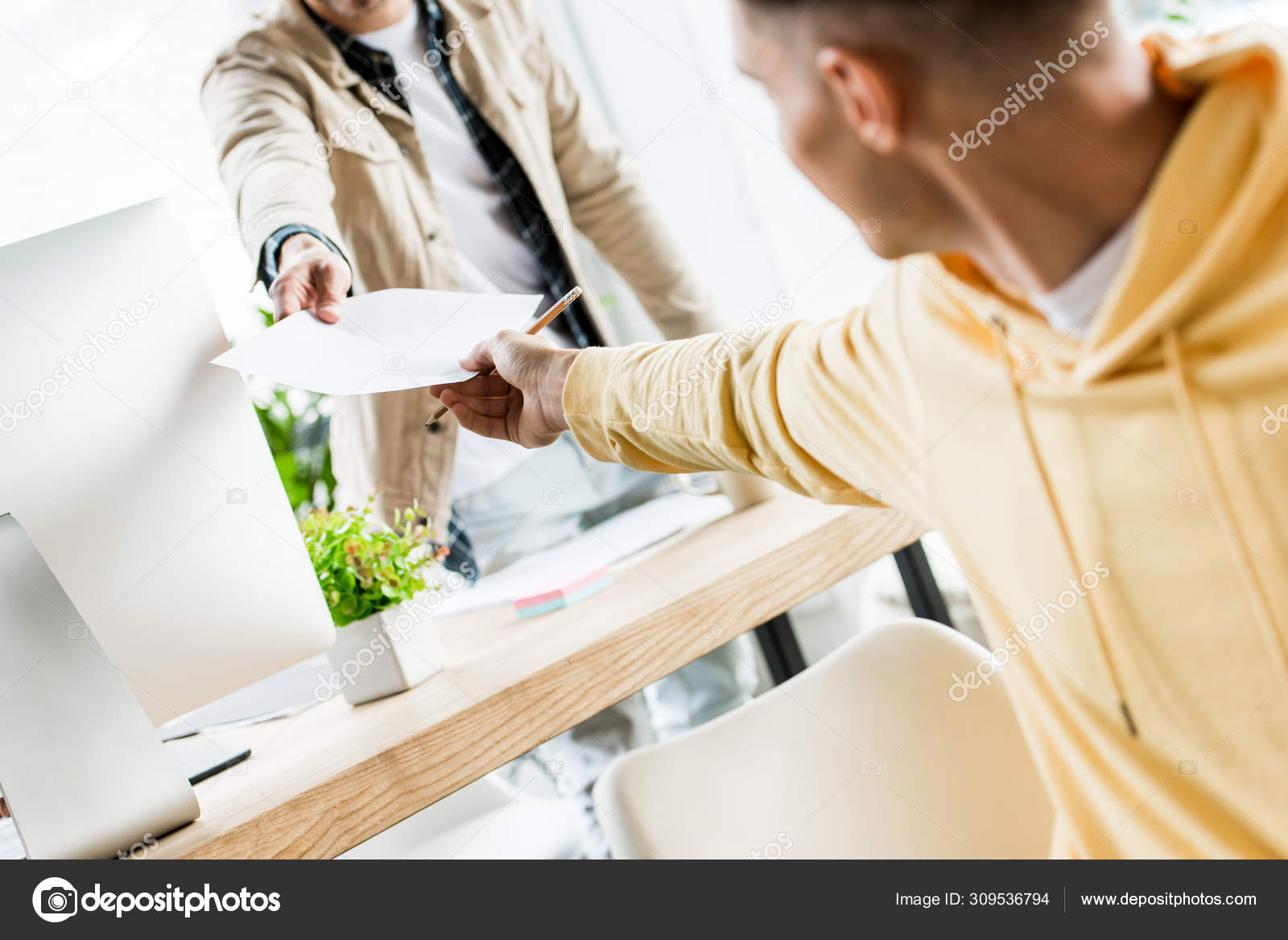 Cropped View Young Businessman Giving Paper Colleague Office Stock ...