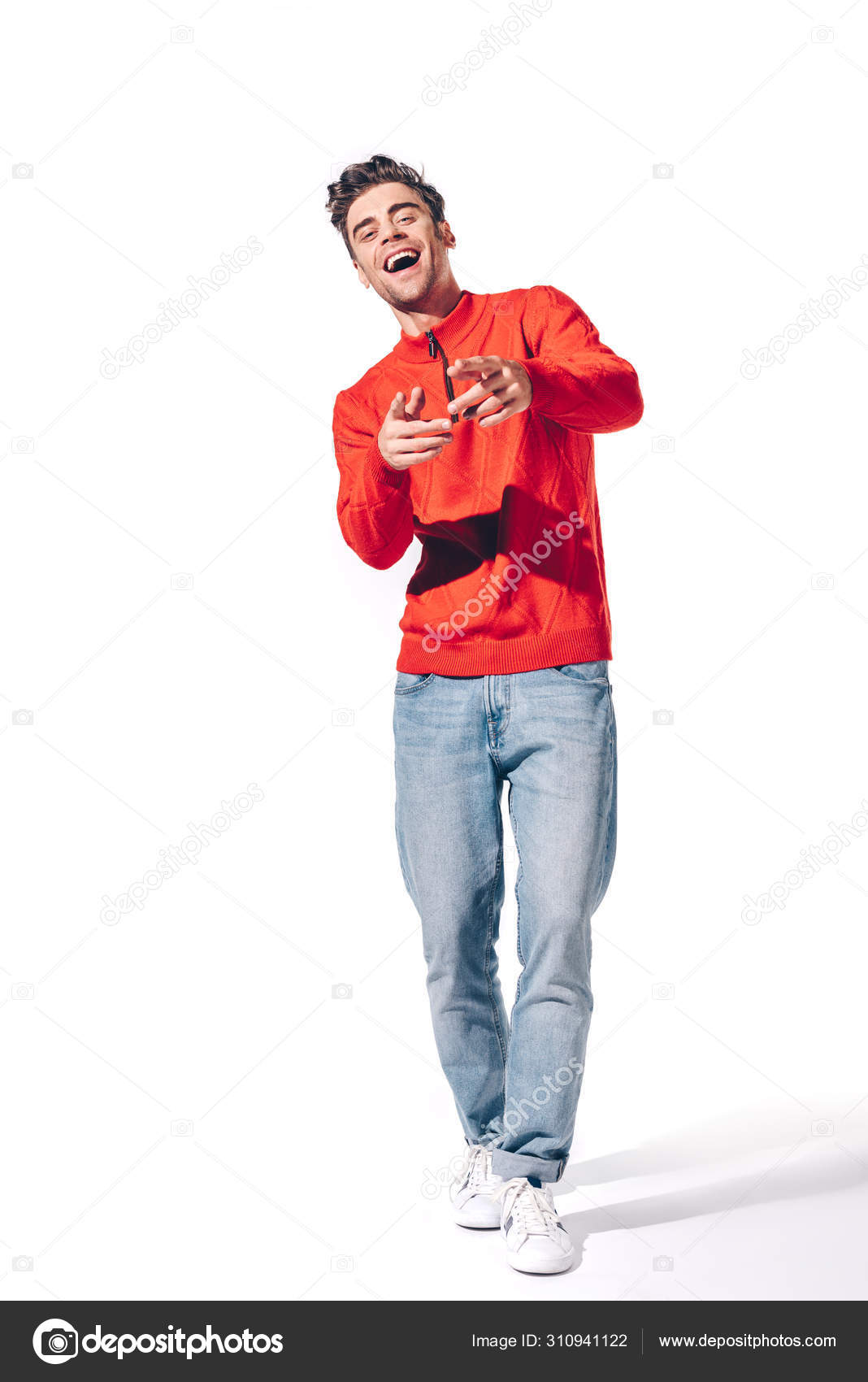 Handsome Man Laughing Pointing You Isolated White — Stock Photo ...