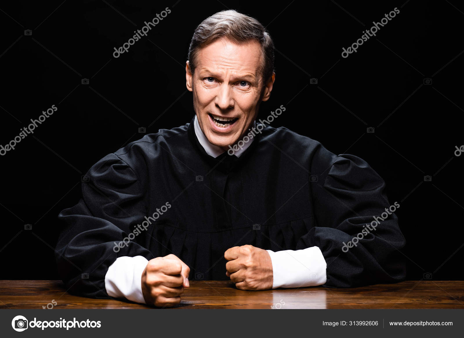 Judge Judicial Robe Sitting Table Looking Camera Screaming Isolated ...