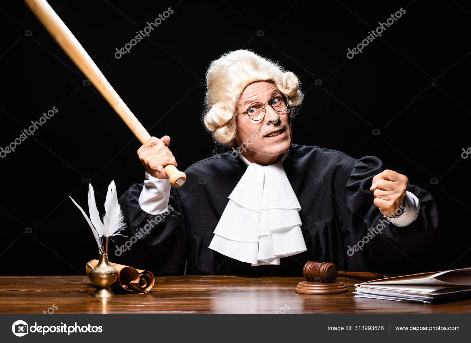 Angry Judge Judicial Robe Wig Sitting Table Holding Bat Isolated ...