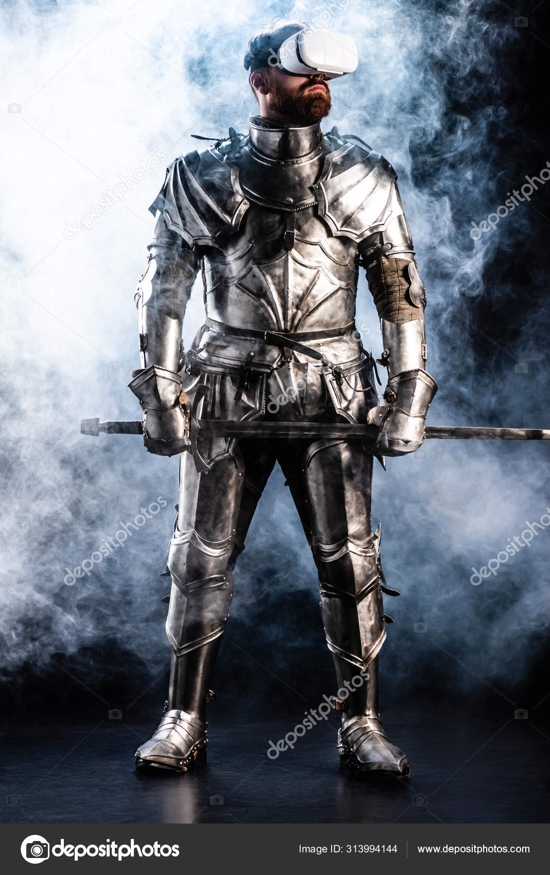 Knight Virtual Reality Headset Armor Holding Sword Black Background ...