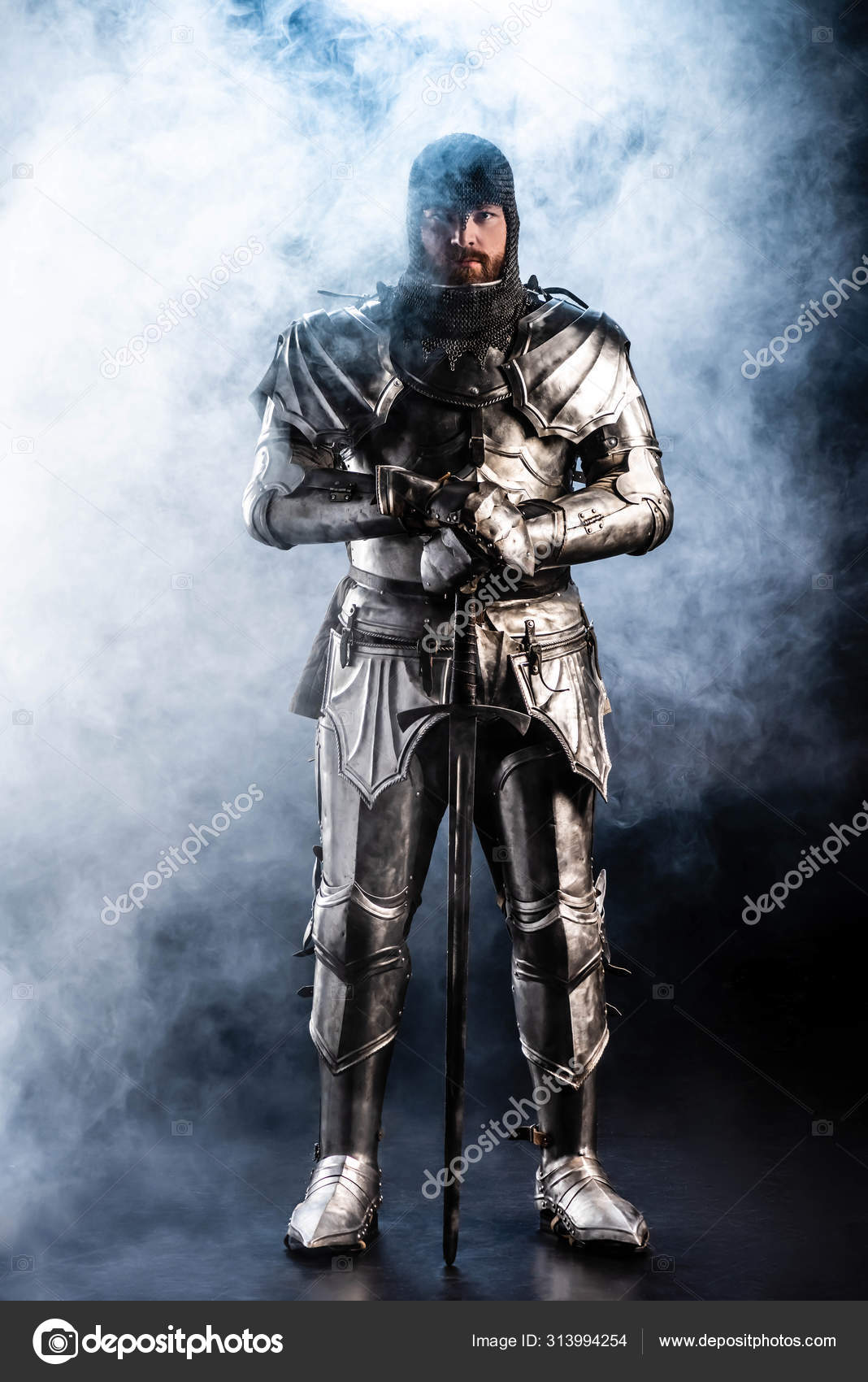 Handsome Knight Armor Looking Camera Holding Sword Black Background ...