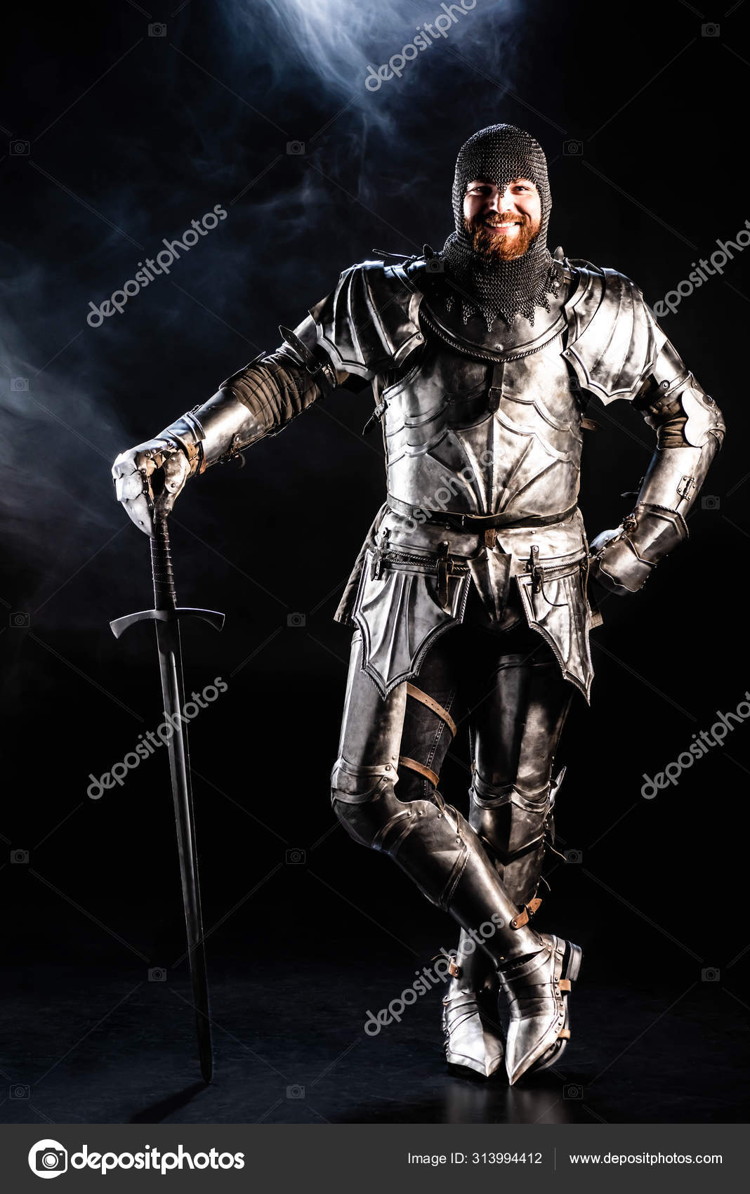 Smiling Knight Armor Looking Camera Holding Sword Black Background ...