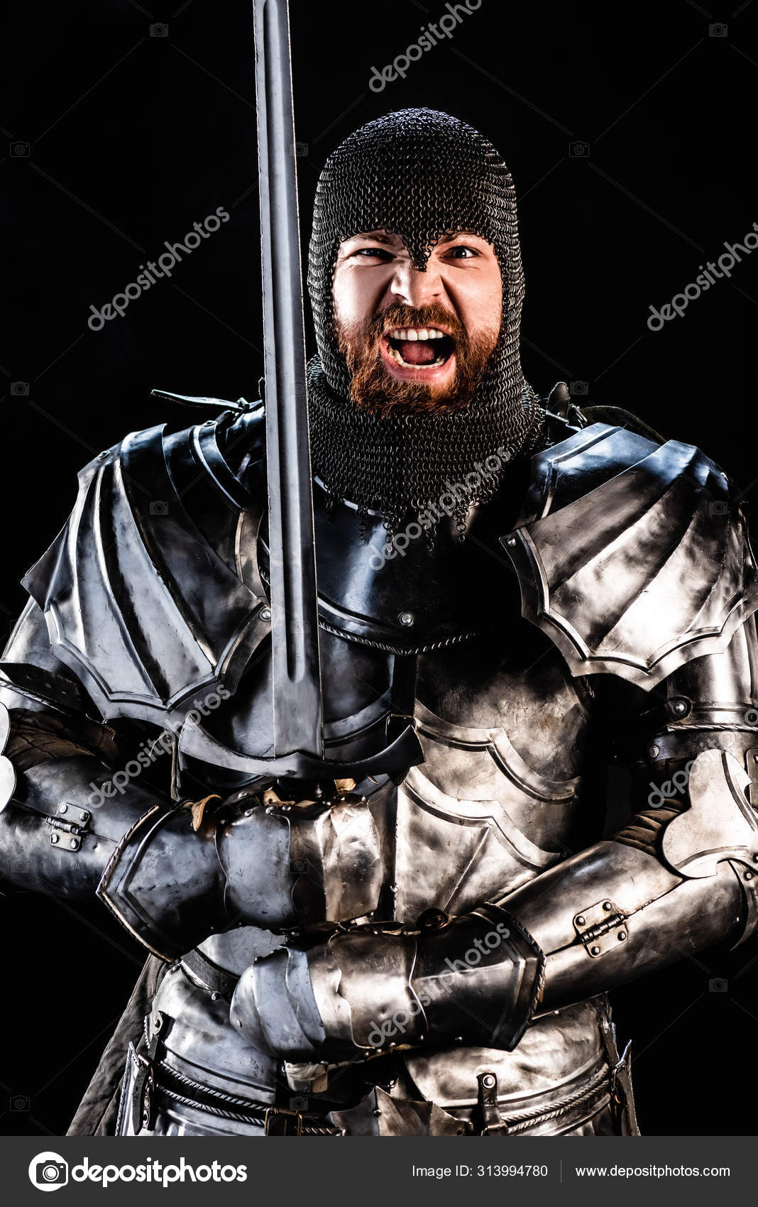 Handsome Knight Armor Holding Sword Scream Isolated Black Stock Photo ...