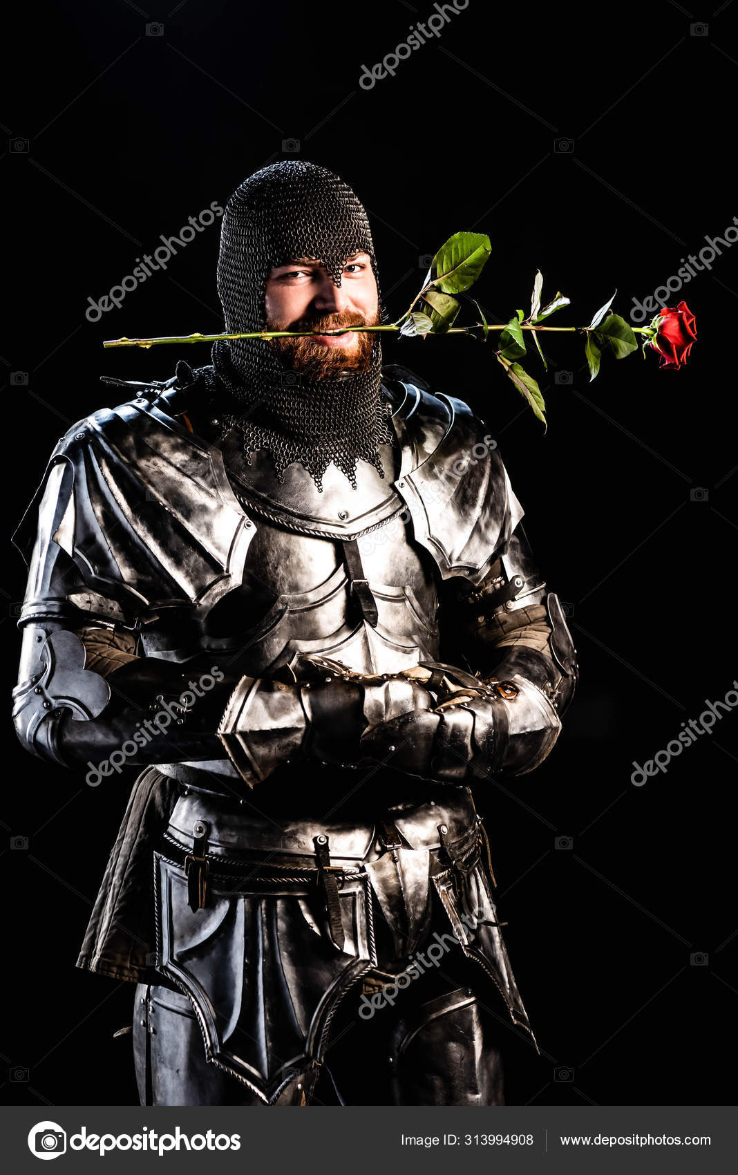 Handsome Knight Armor Holding Rose Isolated Black — Stock Photo ...
