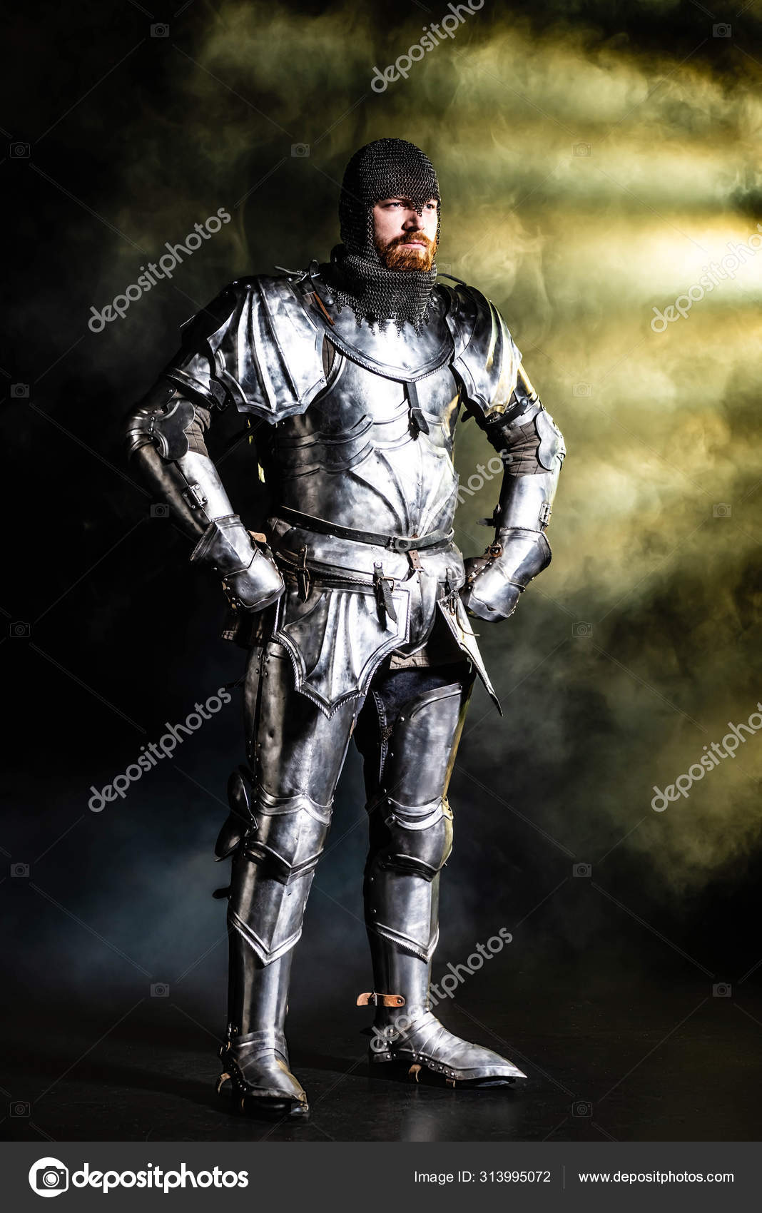 Handsome Knight Armor Looking Away Hands Hips Black Background — Stock ...
