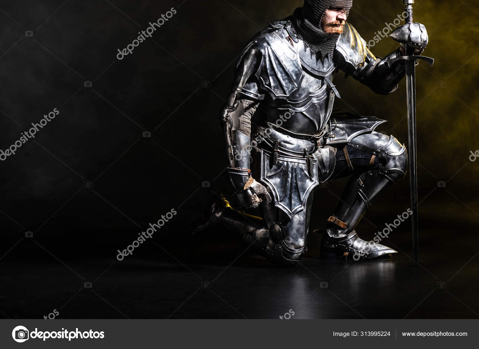 Handsome Knight Armor Holding Sword Bend Knee Black Background Stock ...