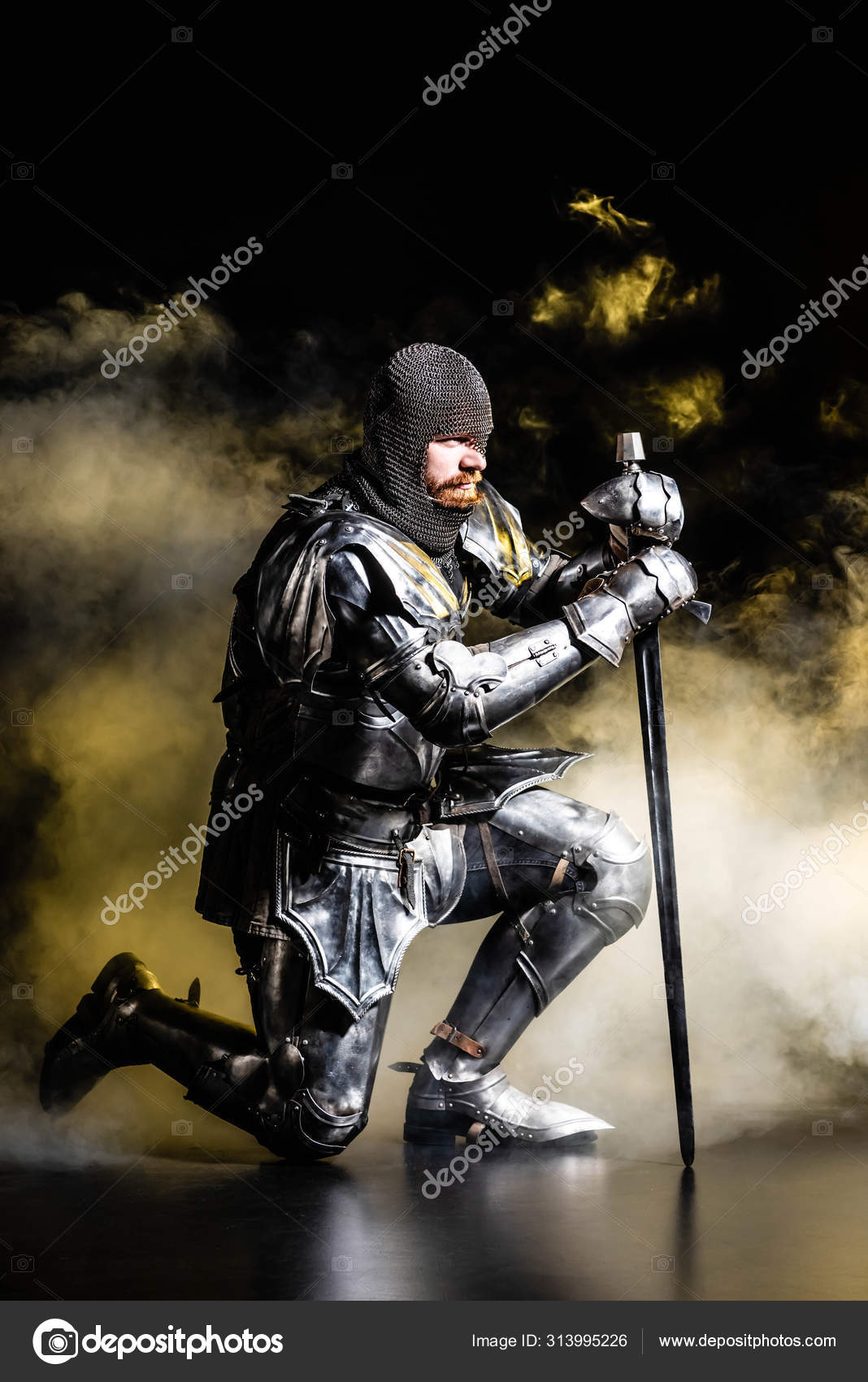 Handsome Knight Armor Holding Sword Bend Knee Black Background ⬇ Stock ...