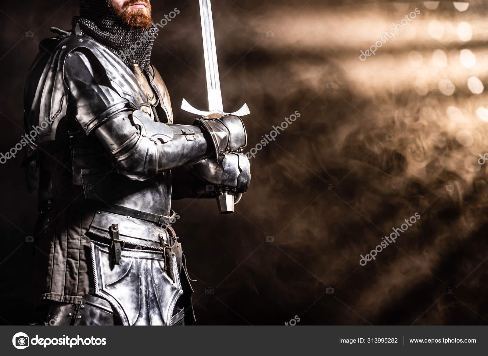 Cropped View Knight Armor Holding Sword Black Background Stock Photo by ...