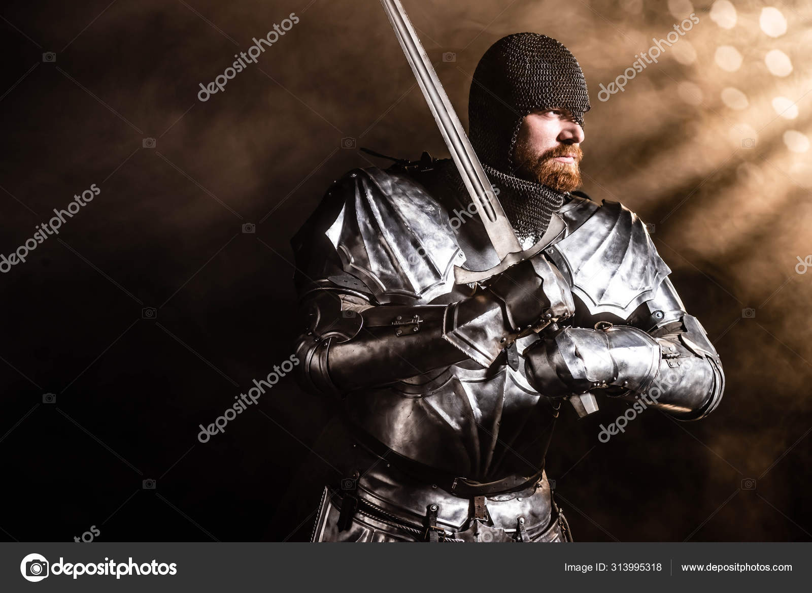 Handsome Knight Armor Holding Sword Black Background — Stock Photo ...