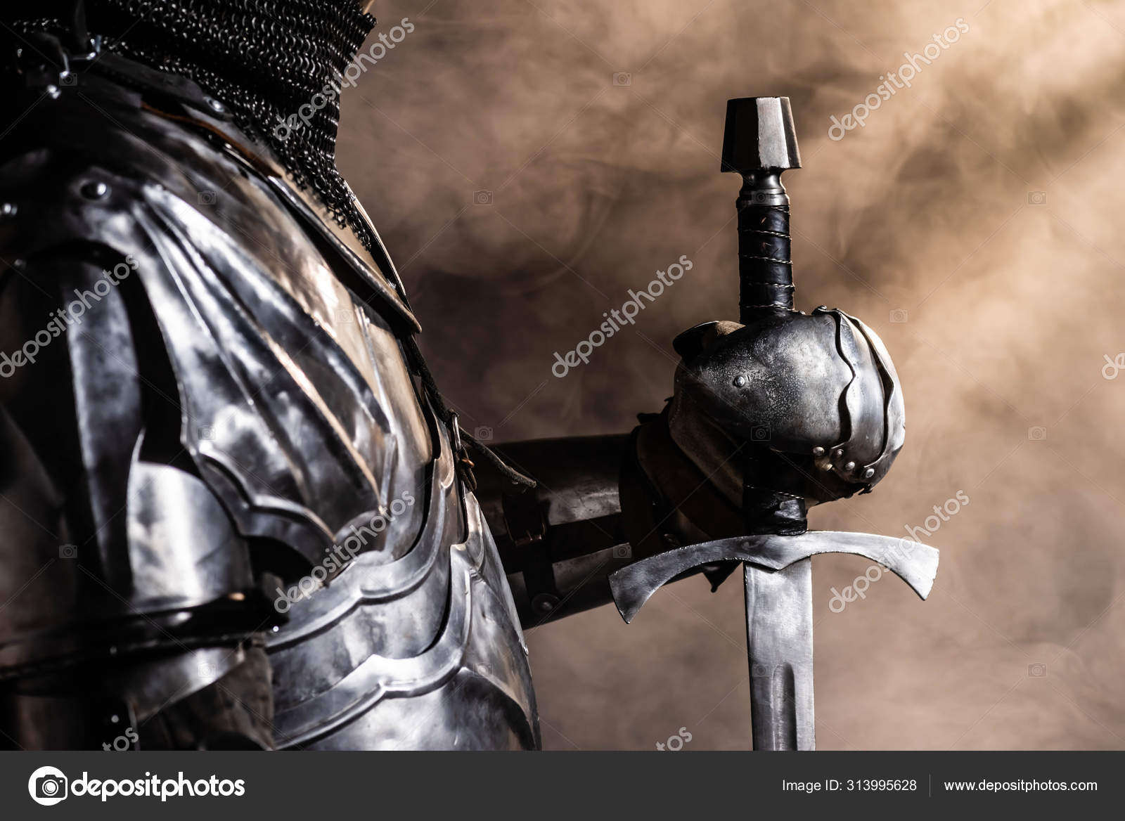 Cropped View Knight Armor Holding Sword Black Background — Stock Photo ...