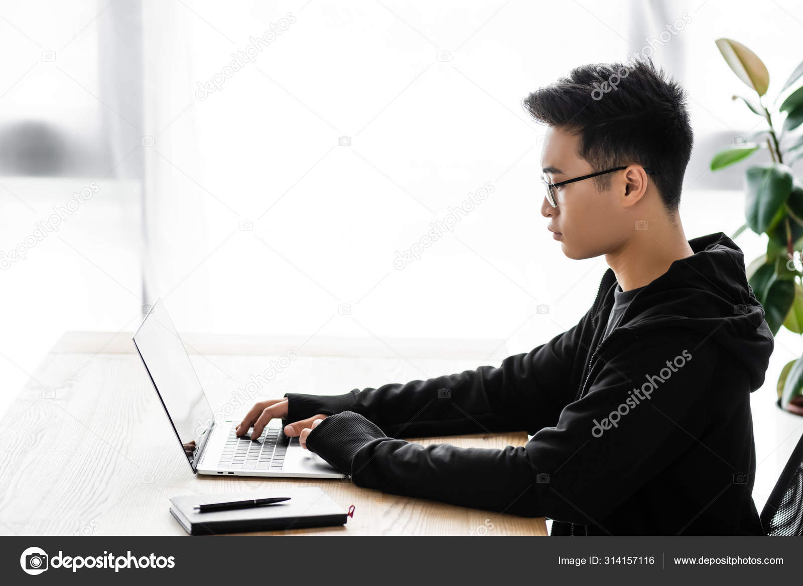 Side View Asian Hacker Glasses Sitting Table Using Laptop — Stock Photo ...