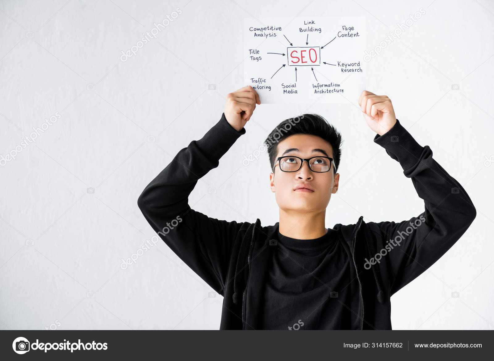 Asian Seo Manager Holding Looking Paper Concept Words Seo — Stock Photo ...