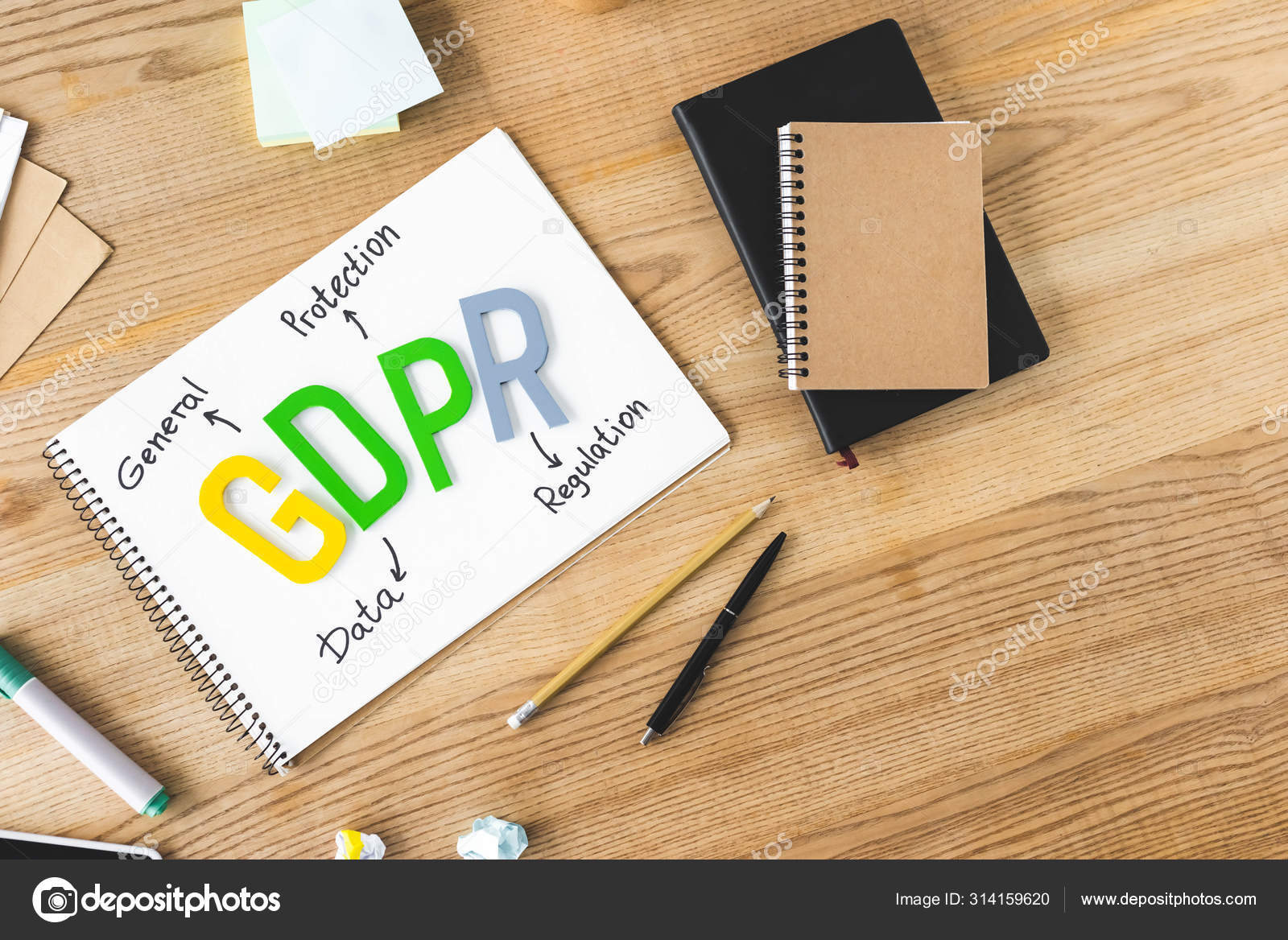 Top View Paper Gdpr Lettering Notebooks Paper Cup Pen Pencil — Stock ...