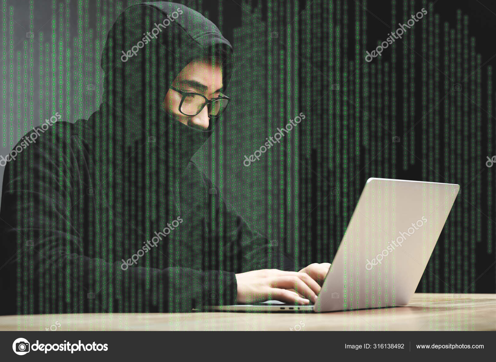 Asian Hacker Glasses Sitting Table Using Laptop Surrounded Illustration ...