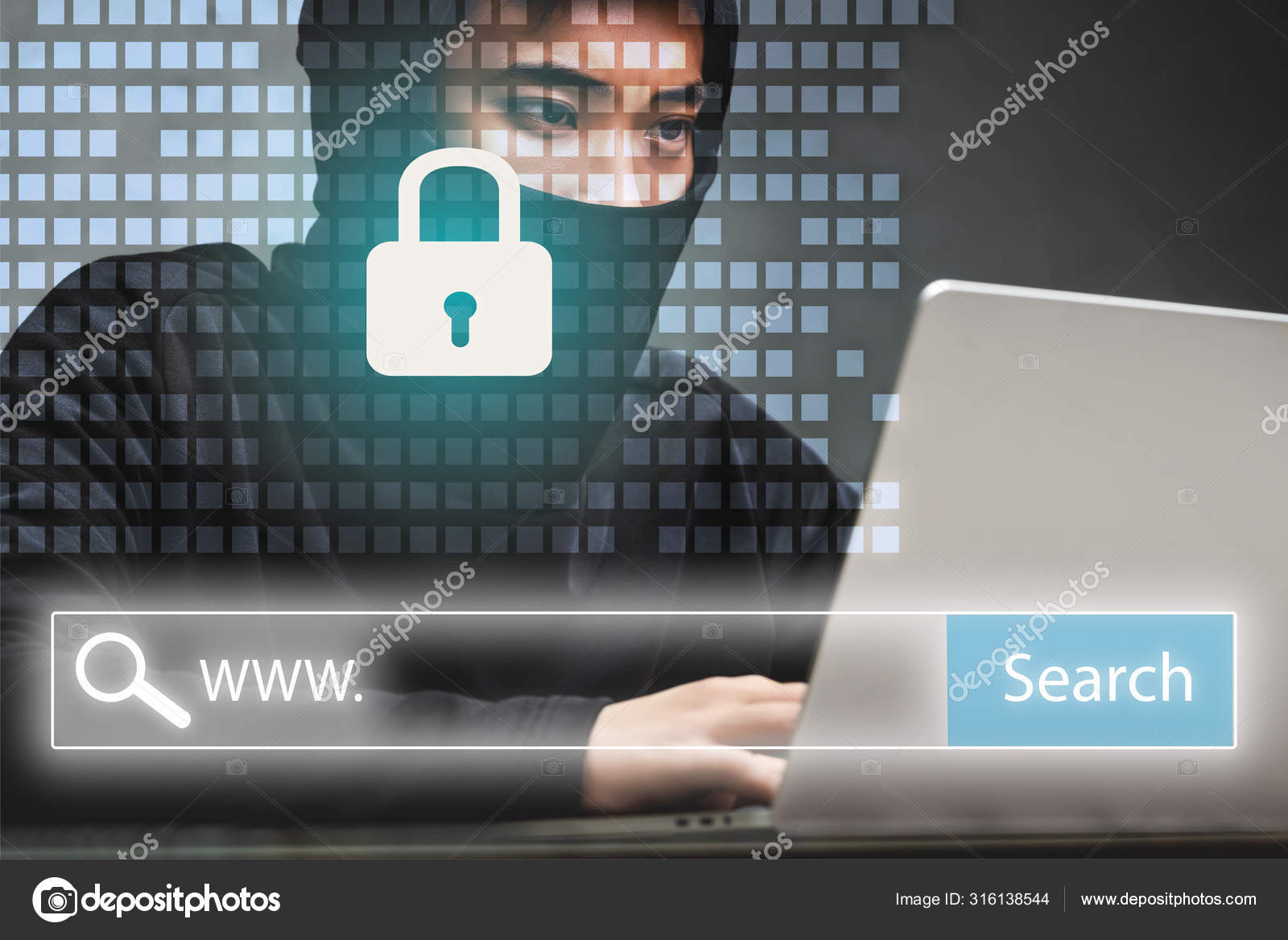 Asian Hacker Using Laptop Padlock Search Bar Illustration — Stock Photo ...