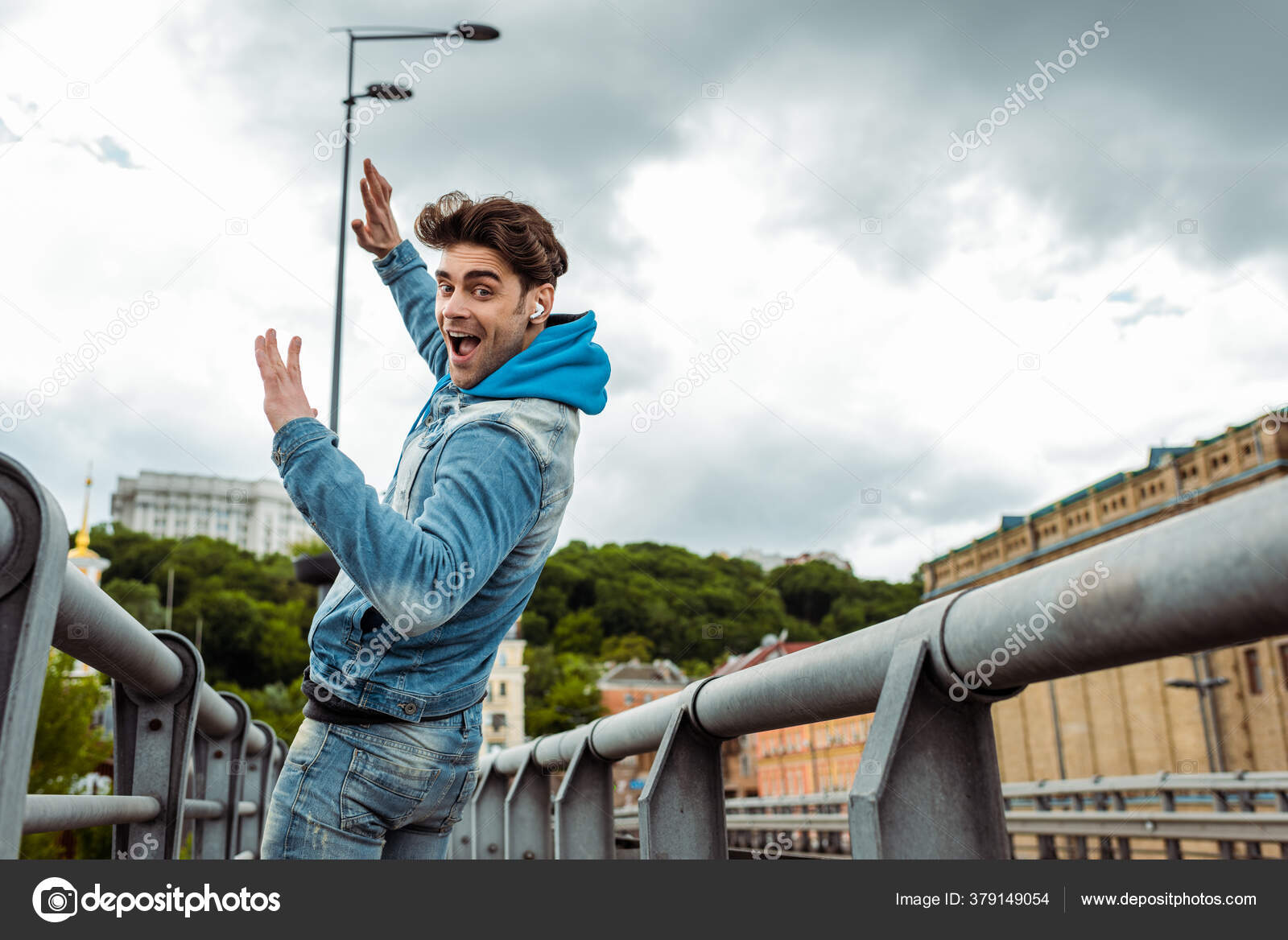 Side View Happy Man Earphones Looking Camera While Walking Urban ...