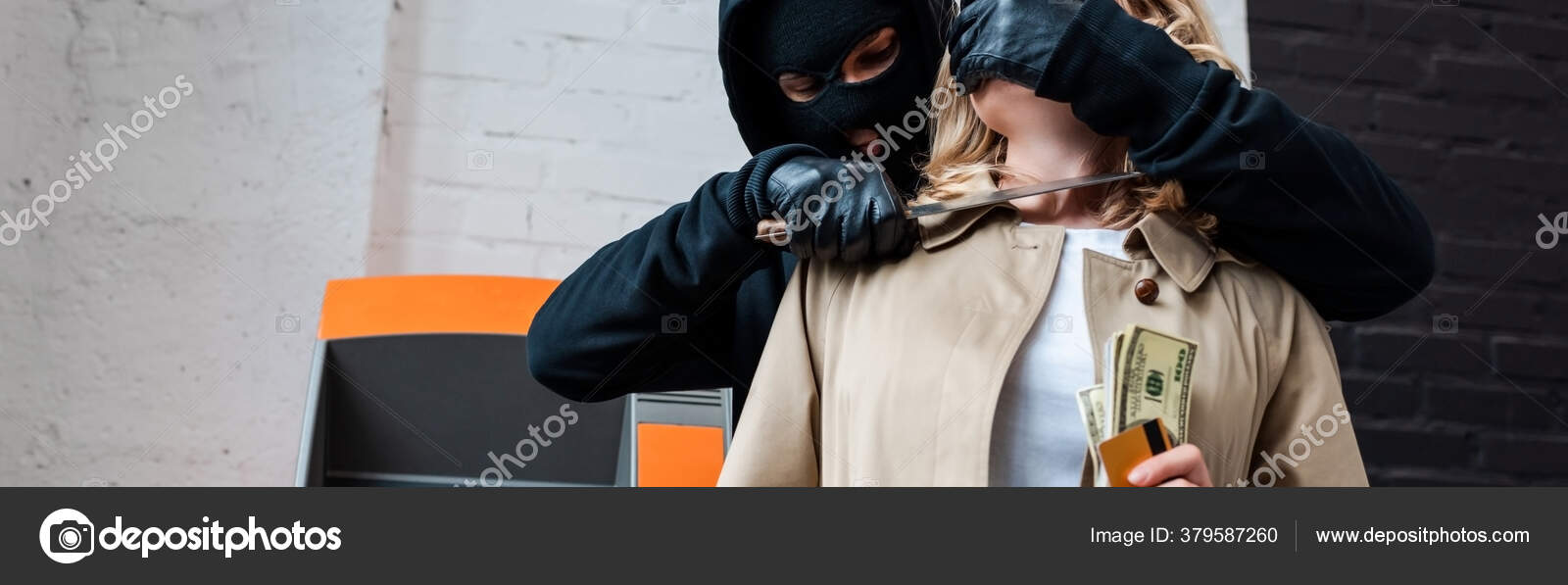 Panoramic Crop Robber Balaclava Holding Knife Female Neck Robbery ...