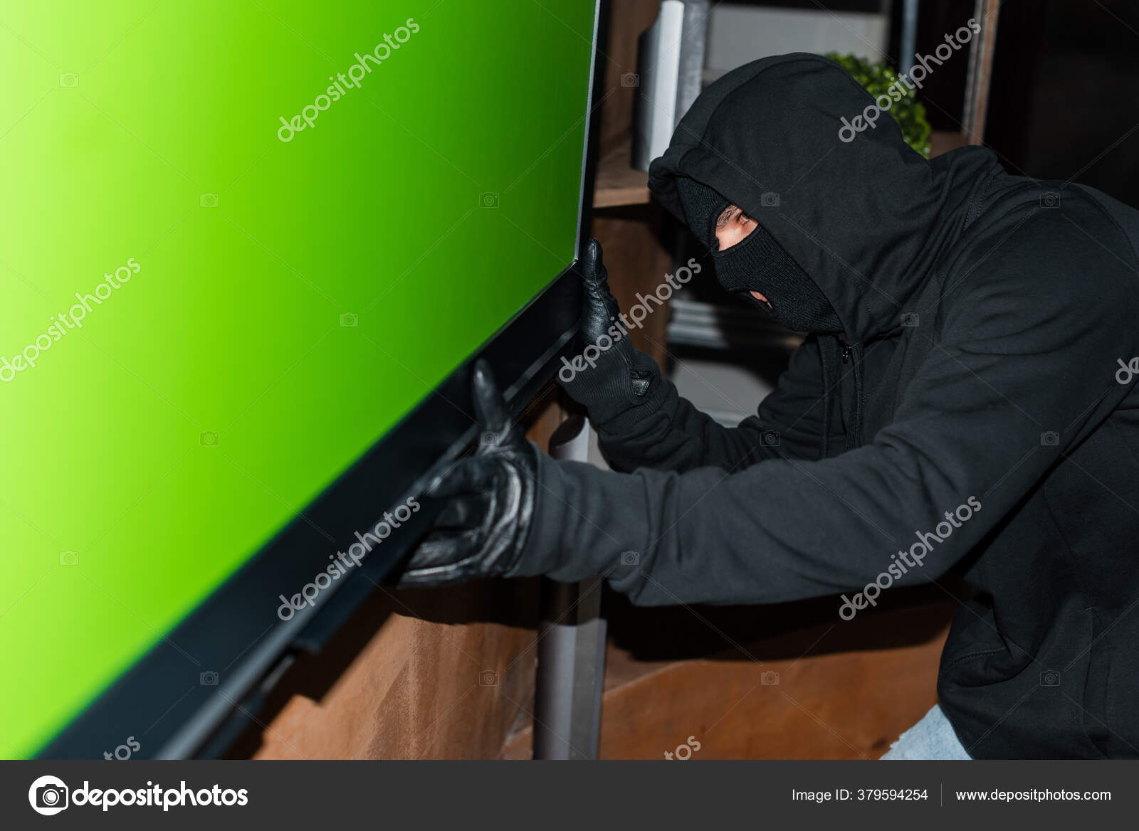 Side View Robber Mask Leather Gloves Holding Stealing — Stock Photo ...