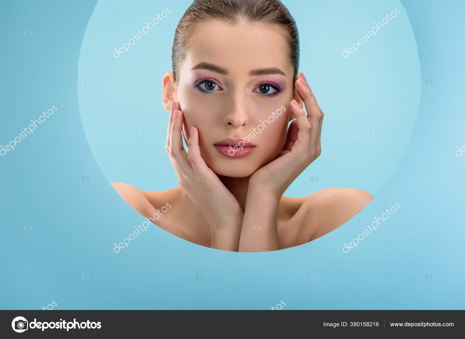 Portrait Beautiful Naked Woman Glossy Lips Pink Eyeshadow Hands Face — Stock Photo ...