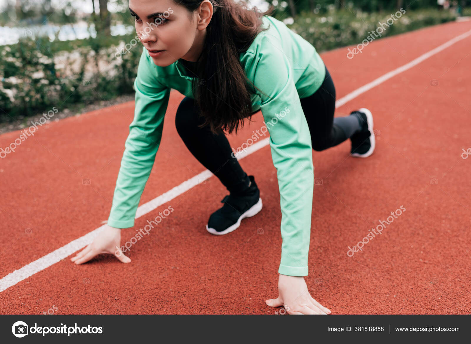 Attractive Woman Standing Starting Position Running Track While ...