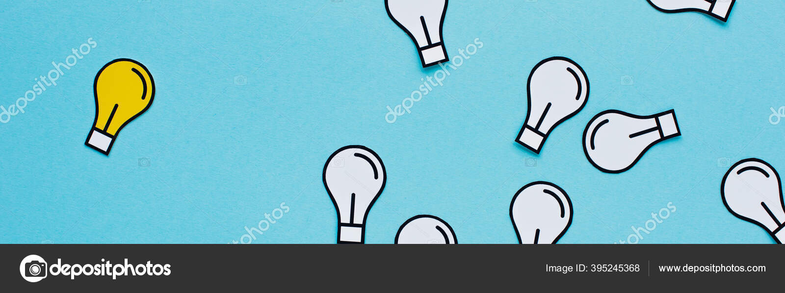 Panoramic Shot Paper Light Bulbs Scattered Blue Background Business ...