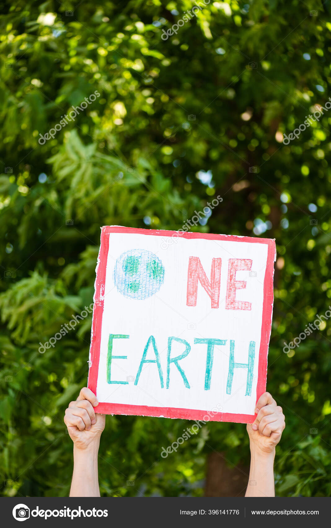 Cropped View Man Holding Placard One Earth Lettering Hands Trees ...