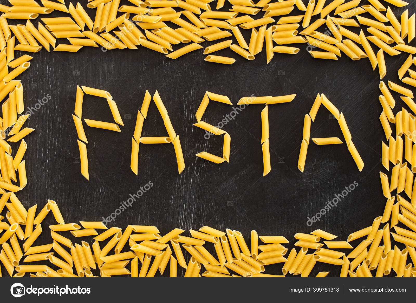 Top View Pasta Word Made Raw Penne Black Background Stock Photo by ...