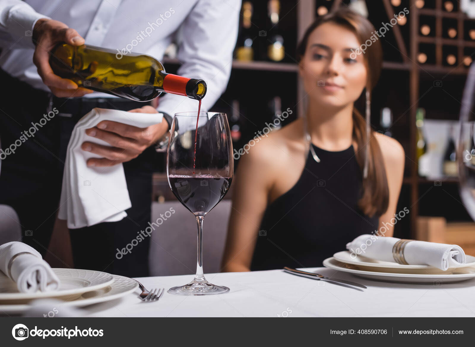 Selective Focus Sommelier Pouring Wine Woman Table Restaurant — Stock ...