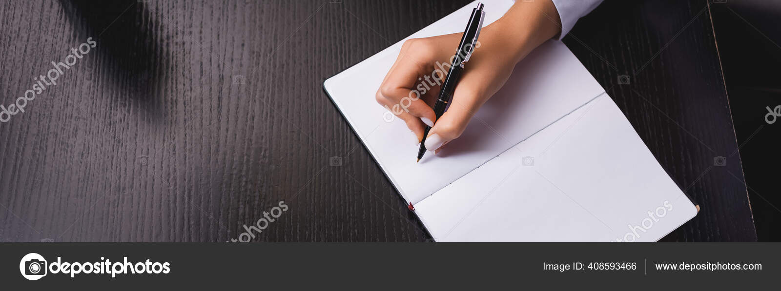 Horizontal Image Woman Writing Notebook Table — Stock Photo ...