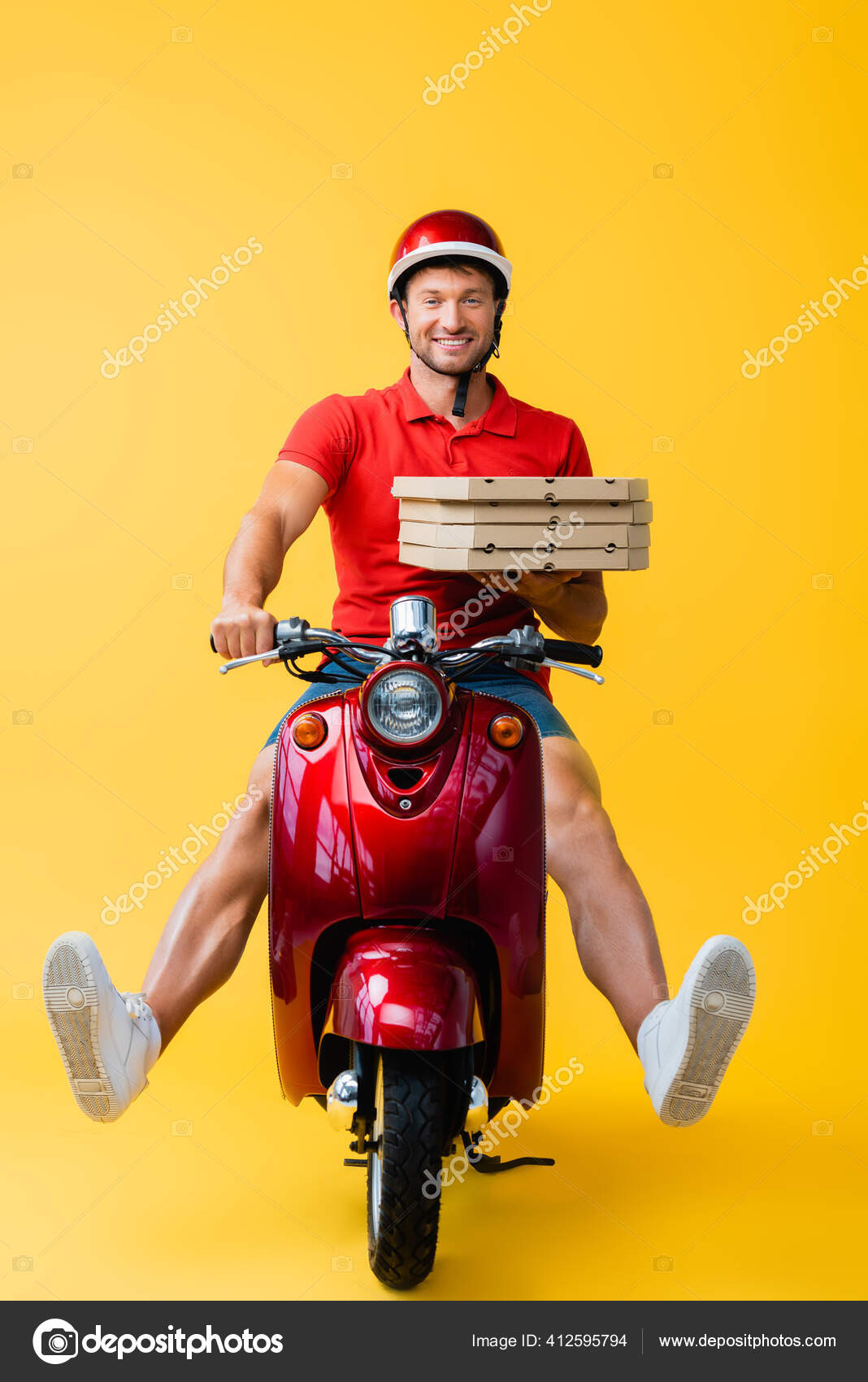 Smiling Delivery Man Helmet Riding Scooter Holding Carton Pizza Boxes ...