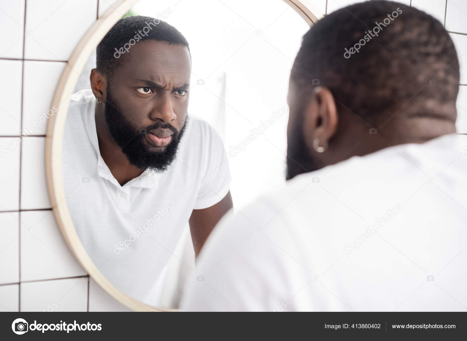 Serious Afro American Man Looking Reflection Mirror — Stock Photo ...
