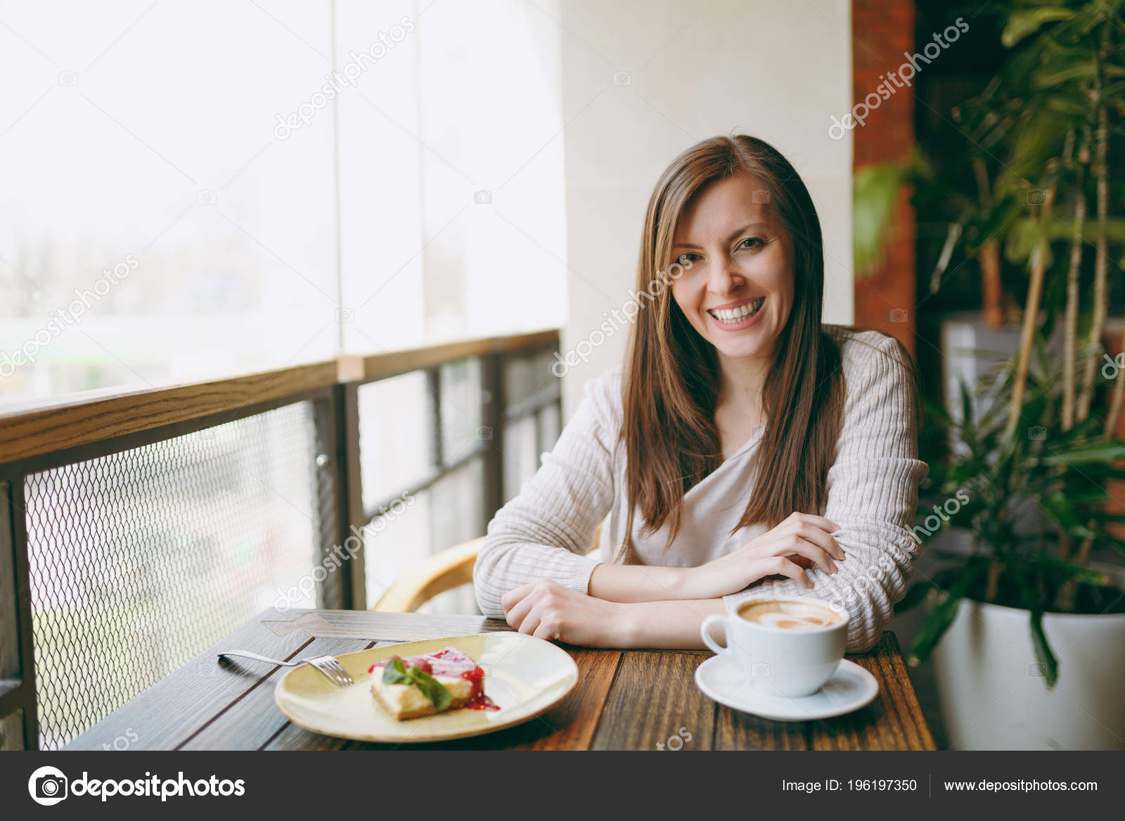 Attractive Young Woman Sitting Alone Big Window Coffee Shop Table Stock ...
