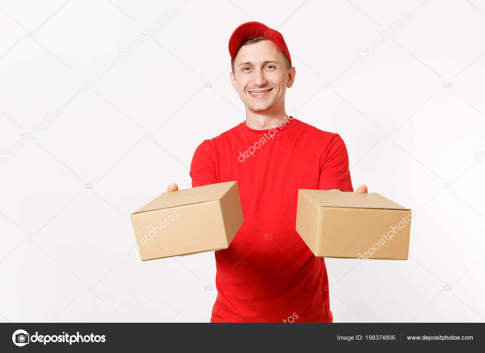 Delivery Young Man Red Uniform Isolated White Background Male Cap Stock ...
