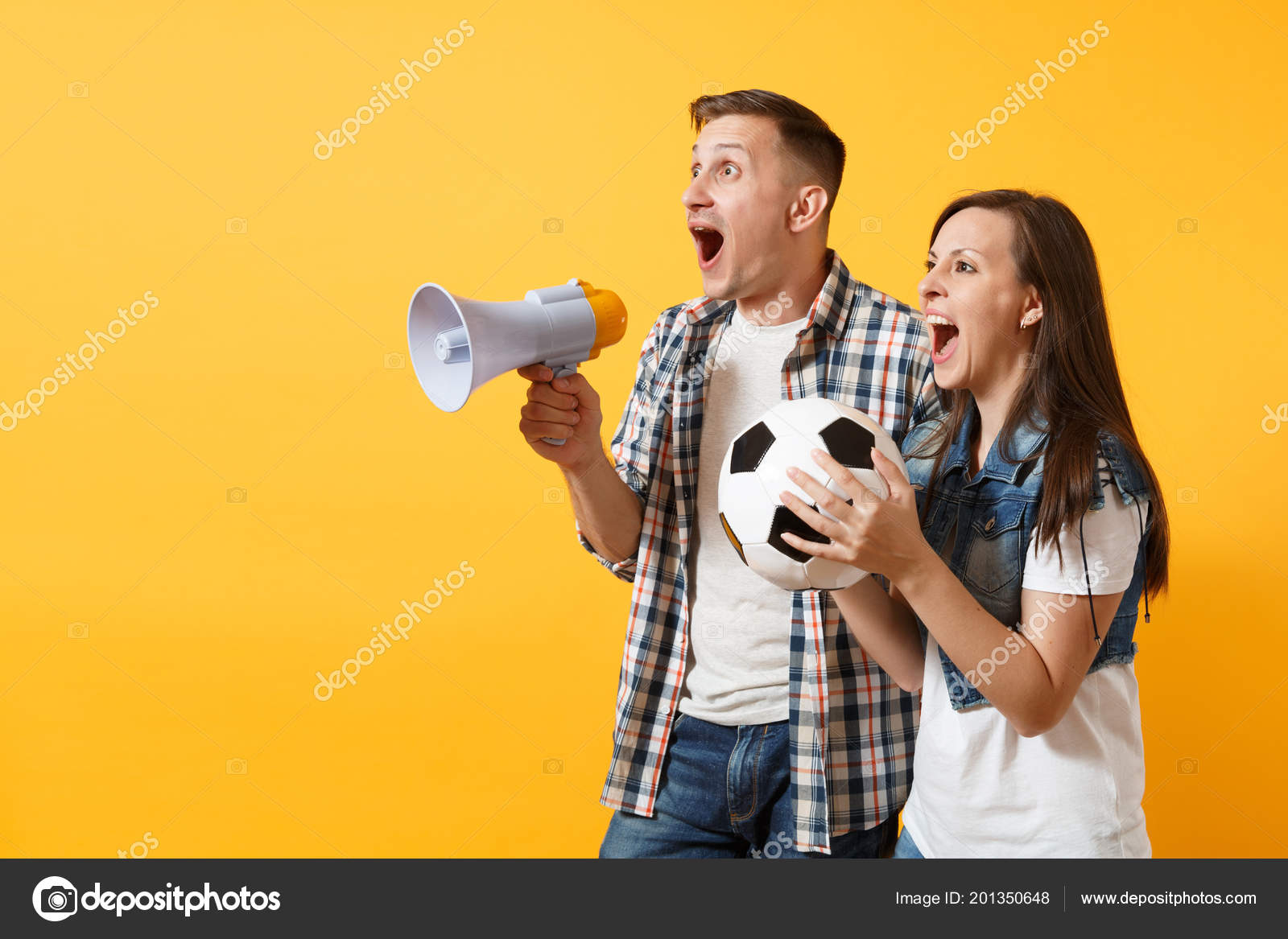 Young Happy Cheerful Couple Supporter Woman Man Football Fans Cheer ...