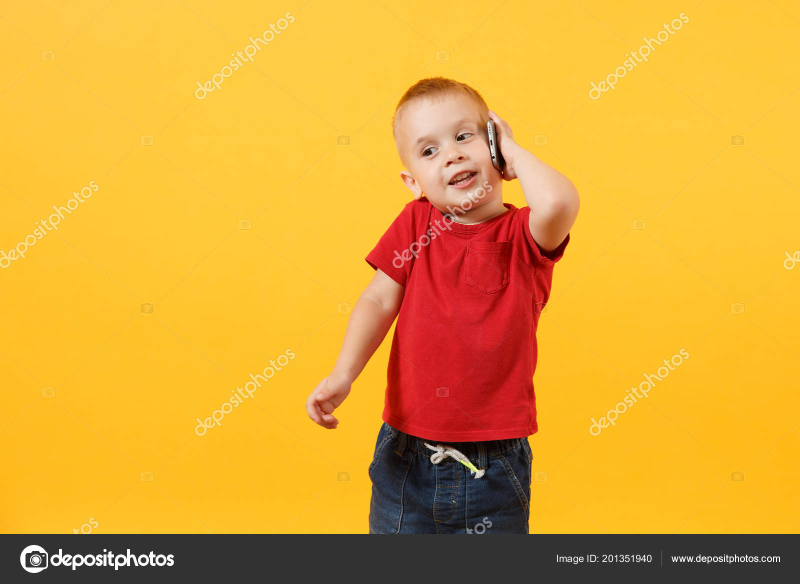 Little Kid Boy Years Old Red Shirt Talking Mobile Phone Stock Photo by ...